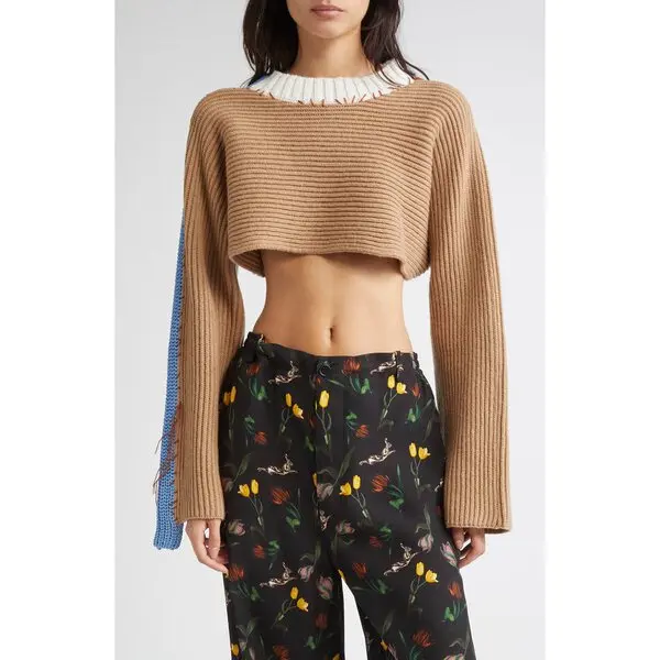 Marni Patchwork Crewneck Crop Sweater - Dune