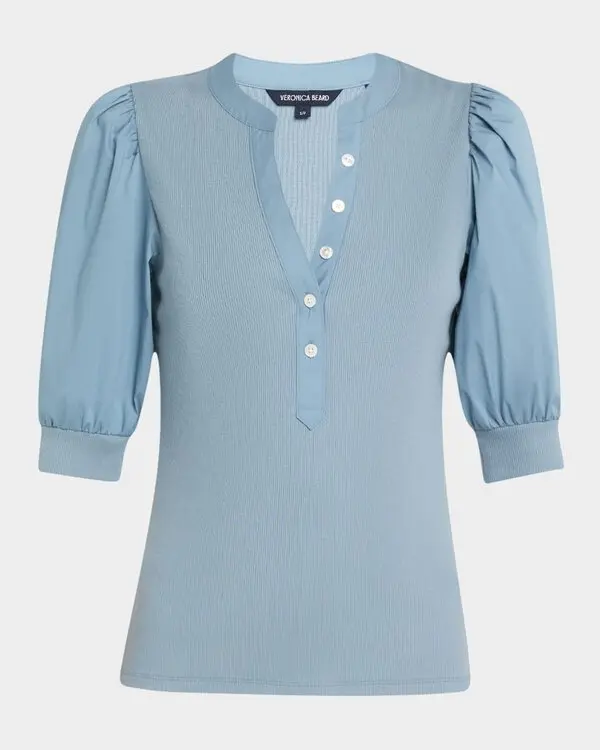 Veronica Beard Coralee Puff-sleeve Top - Lake Mist