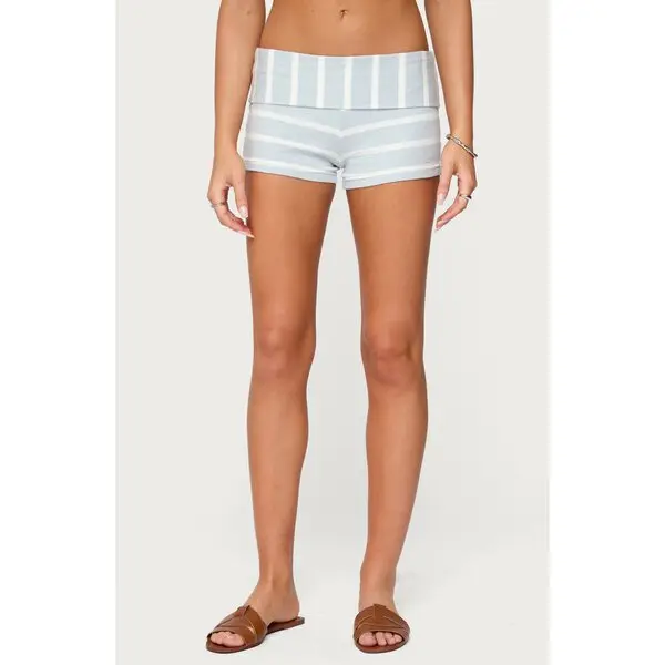 EDIKTED Lorenza Stripe Foldover Shorts - Light-blue