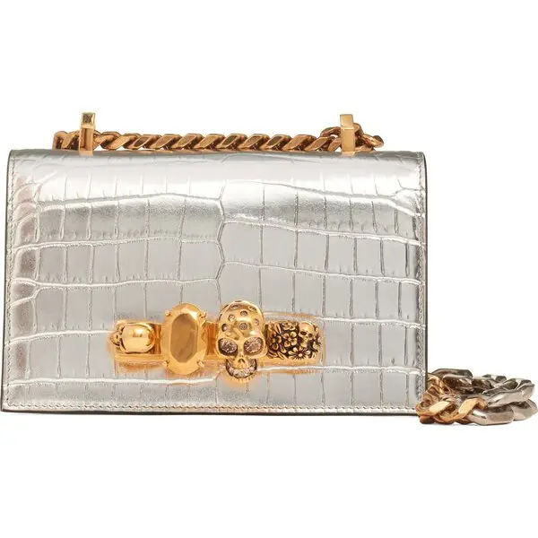 Alexander McQueen Mini Jeweled Croc Embossed Leather Satchel