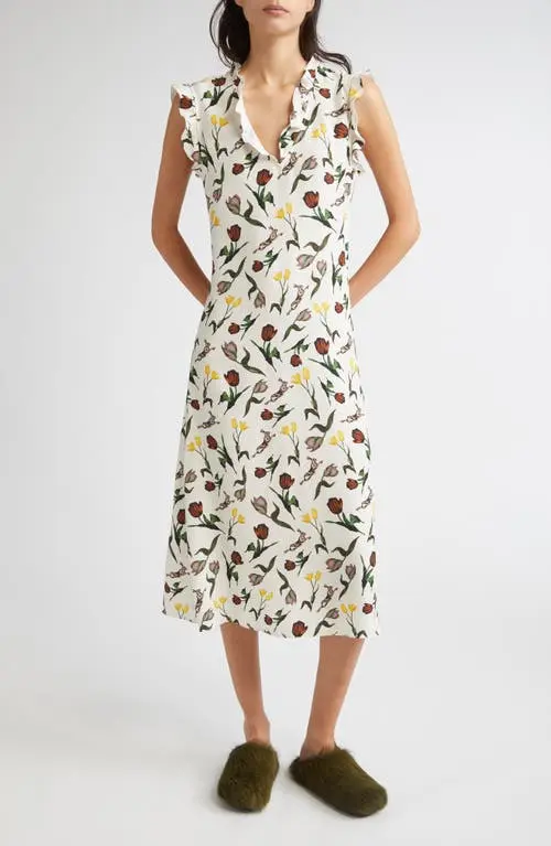 Marni Tulips & Hares Ruffle Satin Midi Dress - Limestone