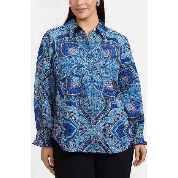 Foxcroft Printed Smocked Cuff Cotton Button-up Shirt - Blue Multi