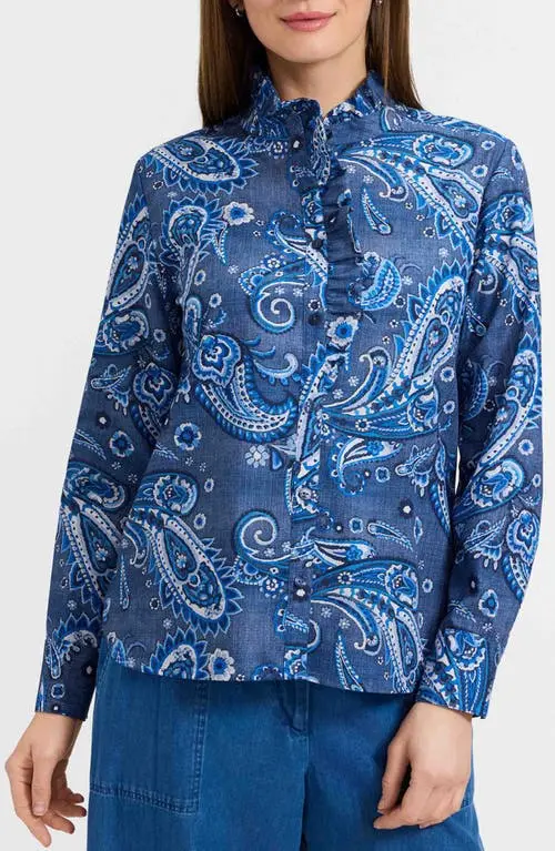 Foxcroft Sadie Paisley Ruffle Cotton Poplin Button-up Shirt - Blue/ Multi