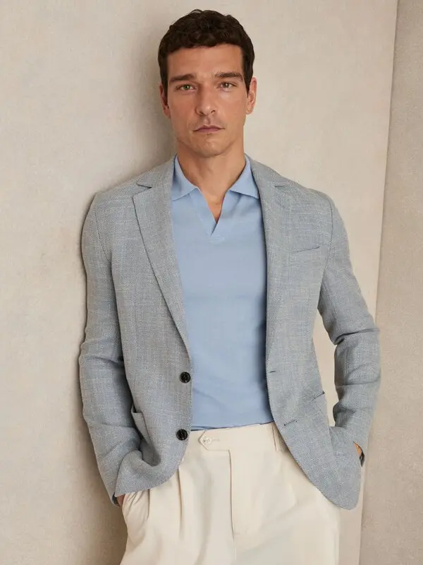REISS Aphrodite Slim Fit Single Breasted Blazer With Cotton - Soft Blue