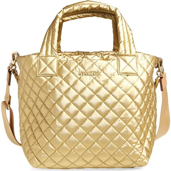 Mz Wallace Small Metro Deluxe Quilted Metallic Nylon Tote - Light Gold Pearl Metallic