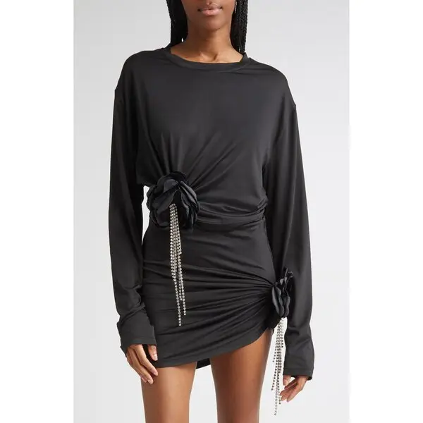 AREA Crystal Flower Draped Crop Top - Black