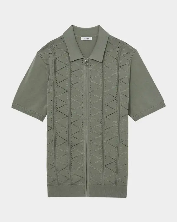 REISS Tay Pointelle Knit Full-zip Polo Shirt - Sage
