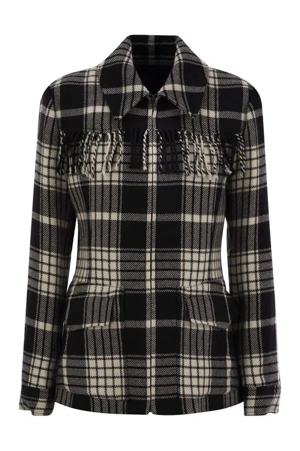 Ralph Lauren Plaid Wool Jacket With Fringe - Black/cream