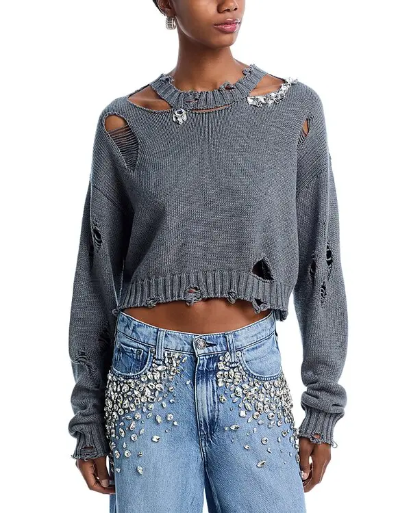 AREA Distressed Crystal Embellished Sweater - Heathered Grey