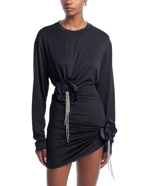 AREA Crystal Flower Draped Top - Black