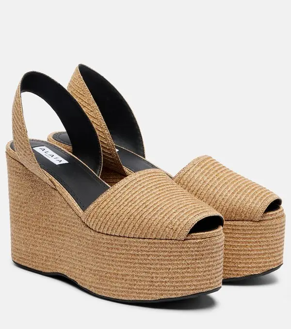 Alaïa Straw Wedge Sandals - Beige