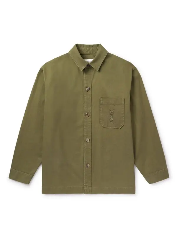Saint Laurent Logo-embroidered Cotton And Linen-blend Gabardine Overshirt - Green