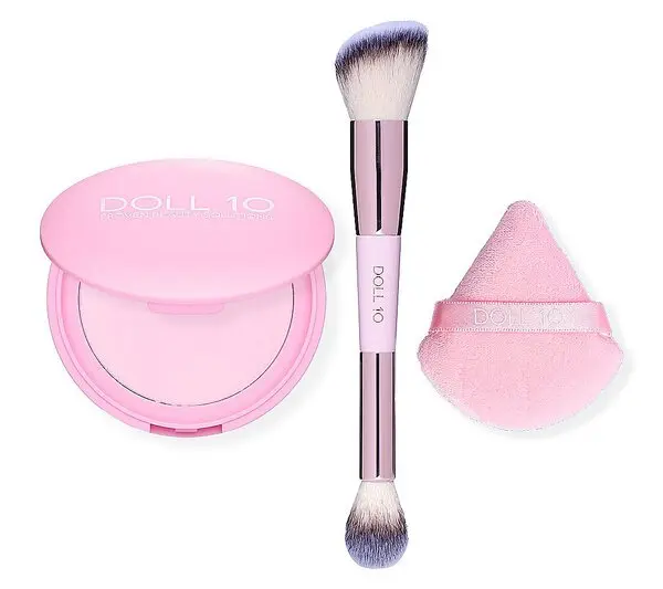 DOLL 10 Pink Pressed Powder With Double-ended Brush & Puff