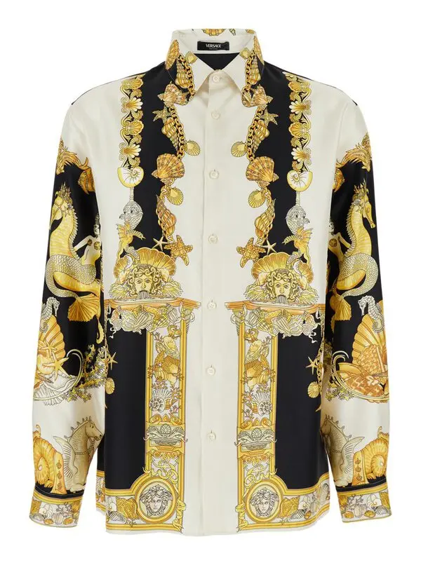 Versace Coral Teater' Shirt With Classic Collar And All-over Print In Silk - White