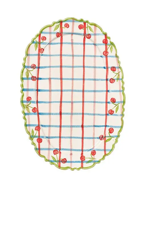 DAMSON MADDER Hand Painted Cherry Frilly Platter In White - Check