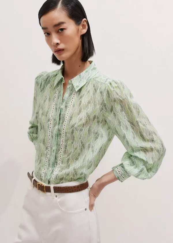 ME+EM Silk Cotton Climbing Feather Print Blouse - Light Cream/green/multi