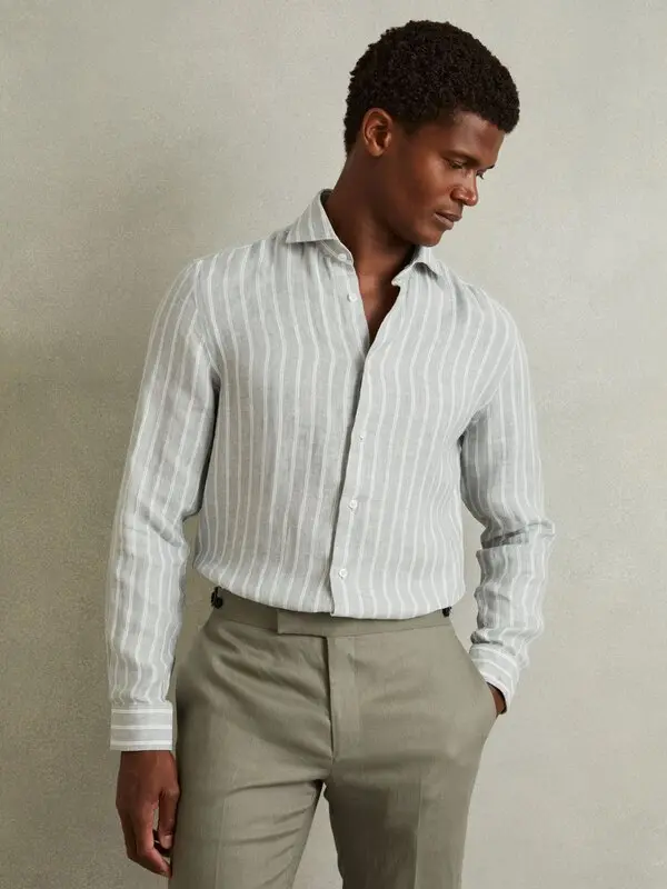 REISS Ruban Linen Striped Long Sleeve Shirt - Green