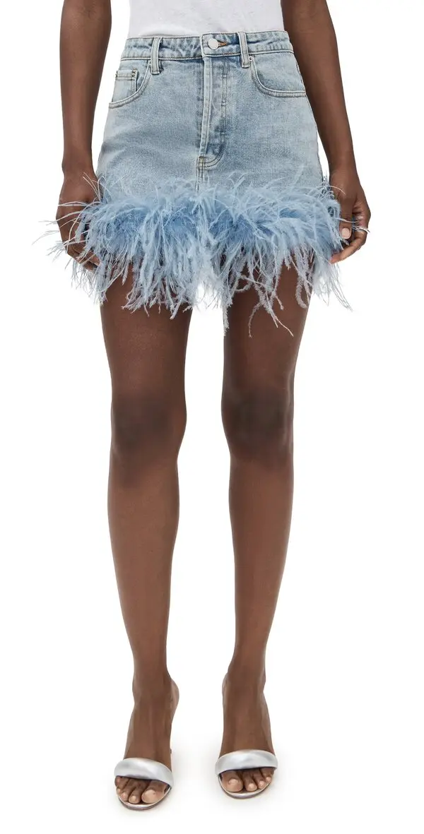 Retrofete Denim Mini Skirt With Feather Trim - Indigo Feather