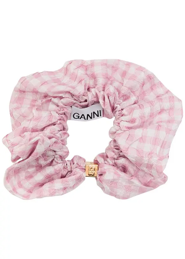 GANNI Checked Crinkled Taffeta Scrunchie - Mauve