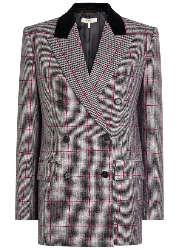Chloé Checked Double-breasted Wool Blazer - Black And White