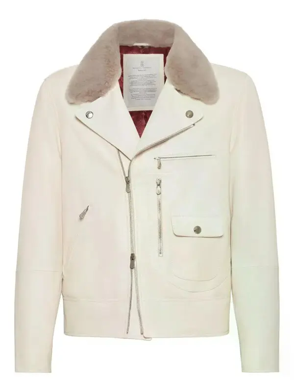 Brunello Cucinelli Leather Jacket With Fur Collar - Neutrals