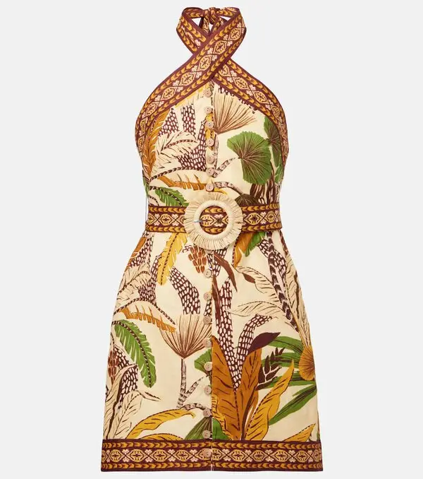 Farm Rio Foliage Sketch Linen Mini Dress - Multicoloured