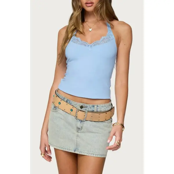 EDIKTED Lace Trim Halter Top - Light-blue