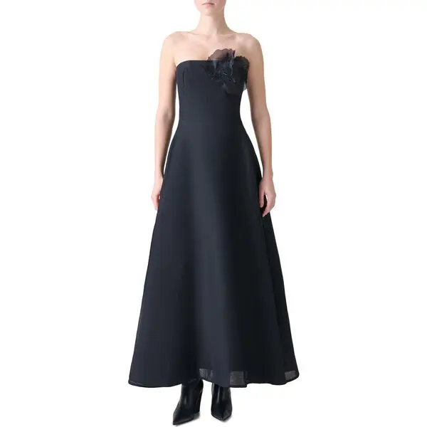 Akris Strapless Silk Maxi Dress With Corsage