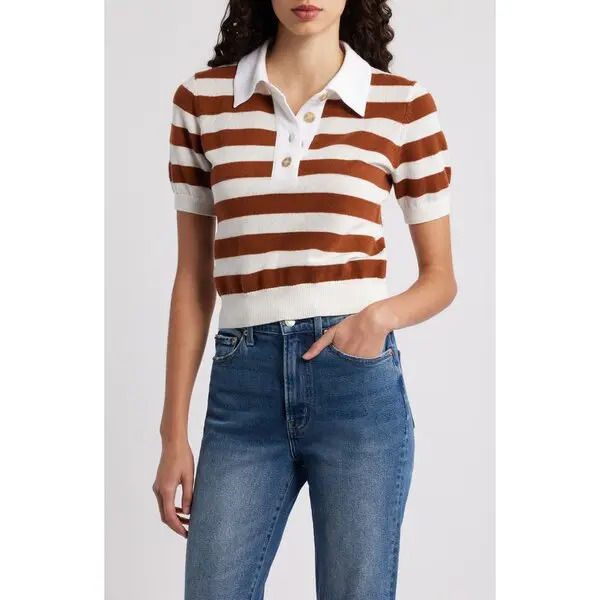 FRAME Striped Cashmere And Cotton Polo - Chestnut Multi