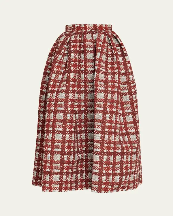 Oscar De La Renta Textured Plaid-print Pleated Midi Skirt - Burgundy Blue