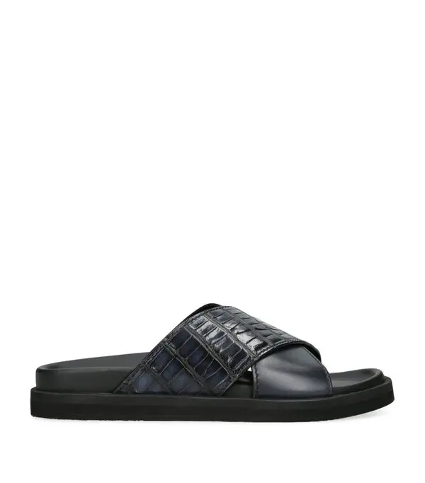 Zegna Crocodile Leather Crossover Sandals - Navy