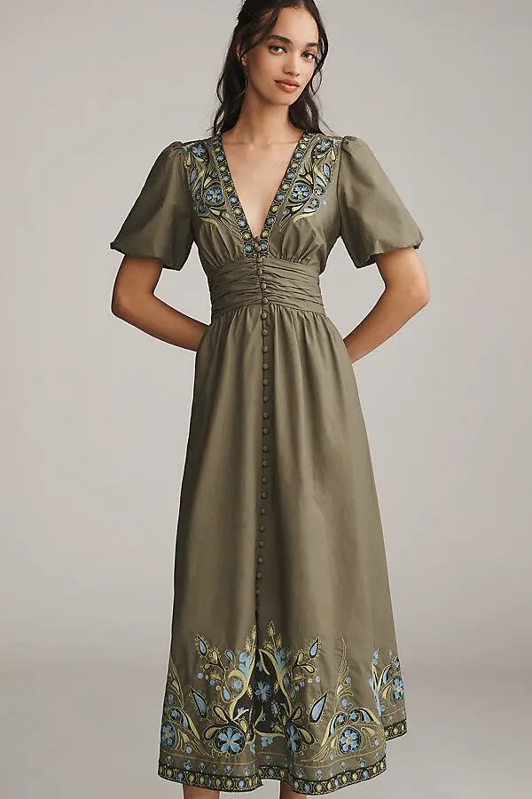 Anthropologie Katerina Embellished Button-front Dress