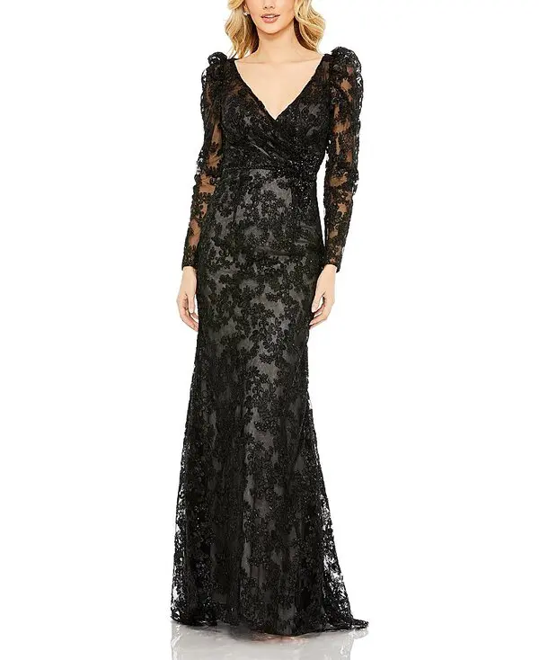 Mac Duggal Embroidered Lace Wrap Gown With Puff Sleeves