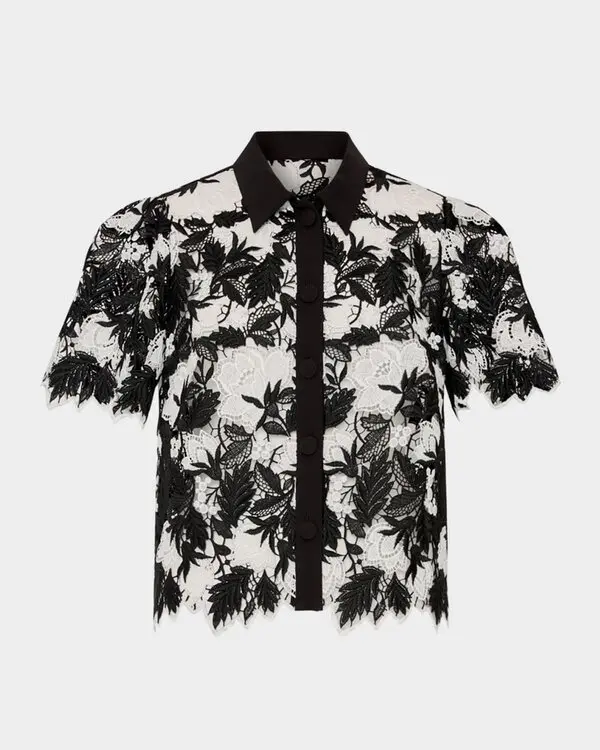 MILLY Addison Button-front Lace Top - Black/whit