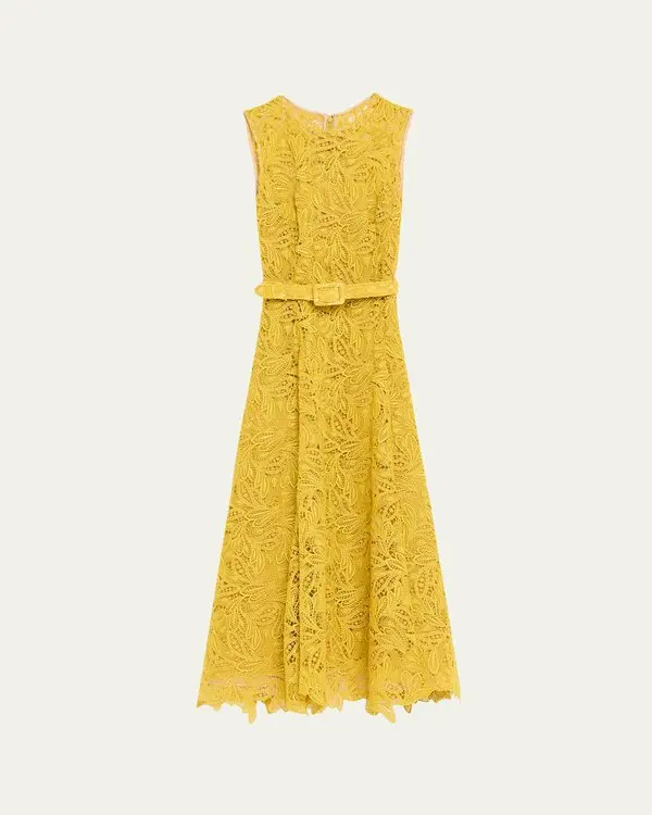 Oscar De La Renta Feather Scroll Guipure Midi Day Dress With Belt - Sunflower