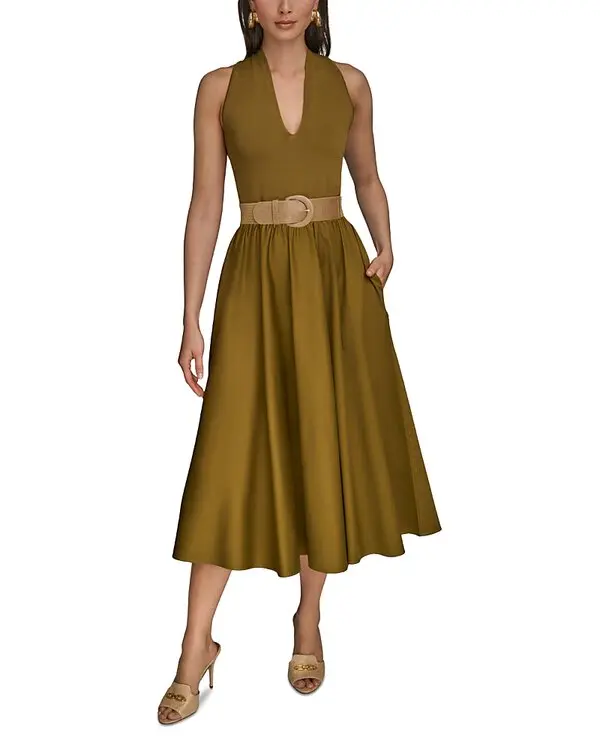 Donna Karan New York Sateen A-line Belted Midi Dress