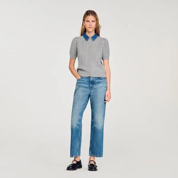Sandro Short-sleeve Cardigan With Detachable Denim Collar - Grey