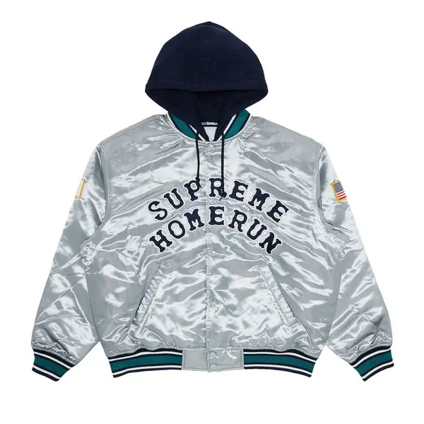 Supreme Satin Hooded Varsity Jacket - Silver