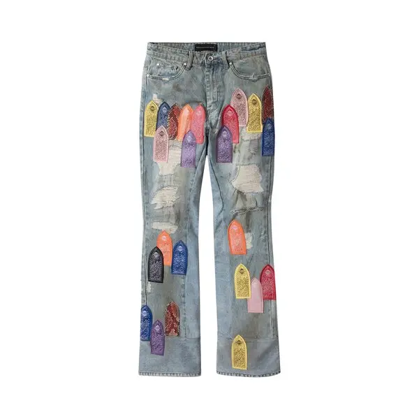 WHO DECIDES WAR BY EV BRAVADO Patch Arched Repaired Distressed Denim
