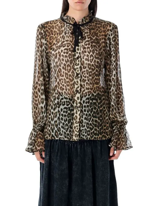 GANNI Leopard Print Chiffon Shirt