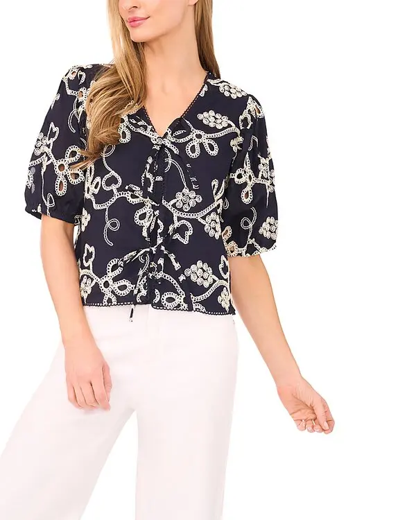 CECE DUPRAZ Embroidered Tie Front Top - Night Shade