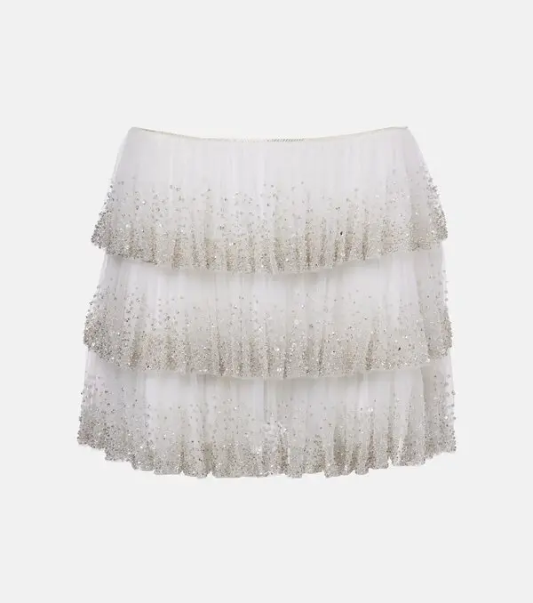 CLIO PEPPIATT Evie Beaded Tiered Tulle Miniskirt