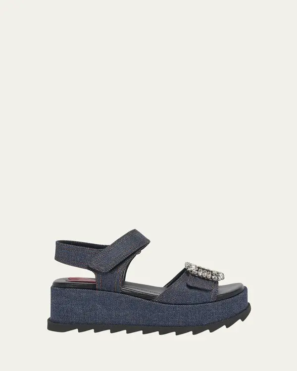 ROGER VIVIER Denim Strass Wedge Sandals