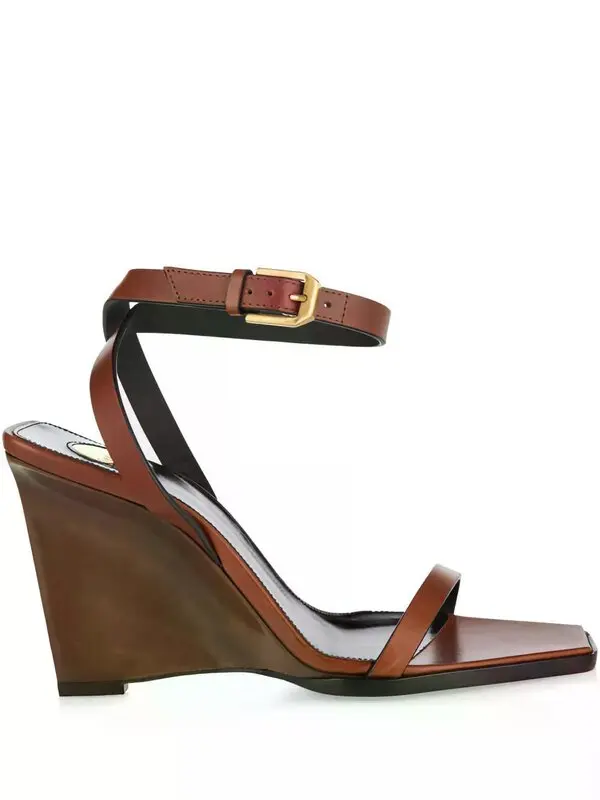 Saint Laurent 90mm May Leather Wedge Sandals - Brown