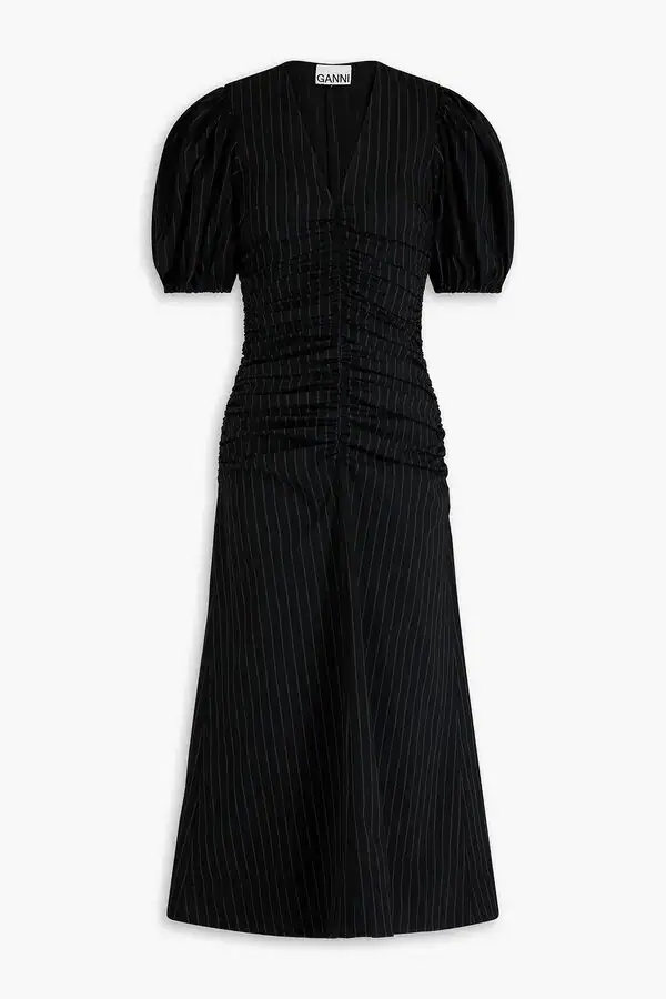 Ganni Ruched Pinstriped Stretch-Twill Midi Dress In Black 60