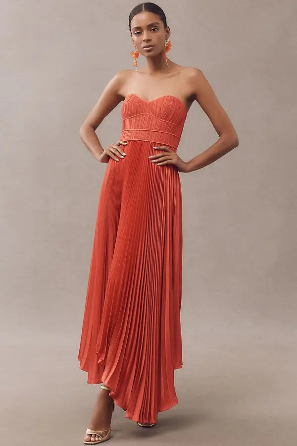 AMUR Strapless Sweetheart Pleated Midi Dress - Medium Orange