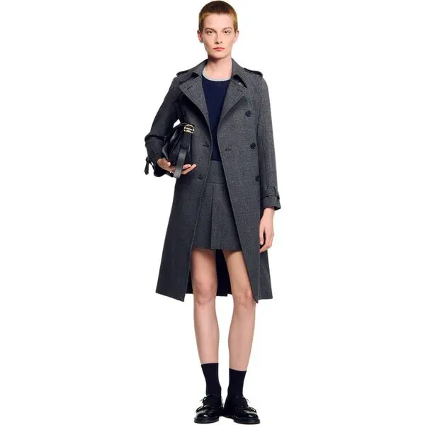 Sandro Rhinestone Embellished Checked Trench Coat - Grey /brown