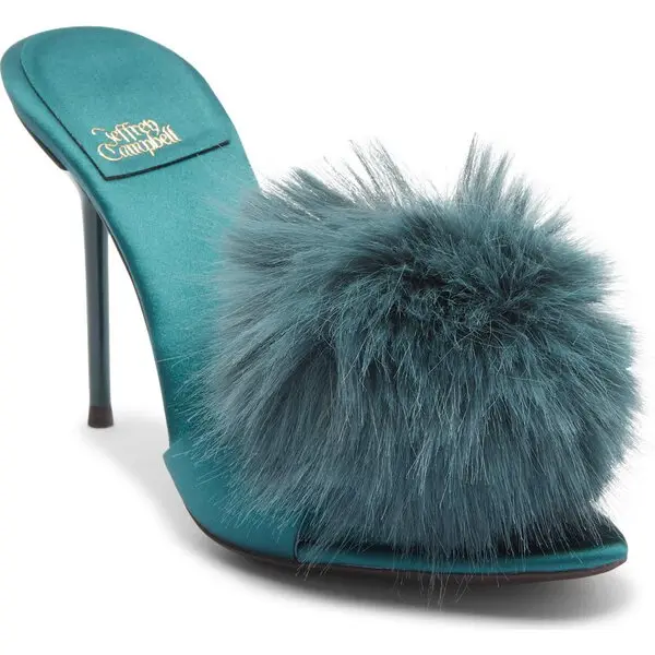 Jeffrey Campbell Faux Fur Pom Slide Sandal - Turquoise Satin Combo