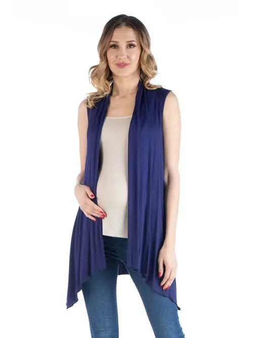 24SEVEN COMFORT APPAREL Maternity Draped Open Front Sleeveless Cardigan - Navy