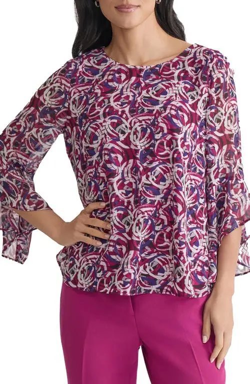 KASPER Ruffle Sleeve Top - Cerise Multi